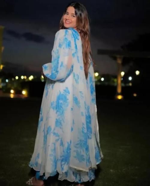 Buy Jesvi Women Light Blue and White Floral Print Georgette Anarkali Kurta and Dupatta Set - M ...