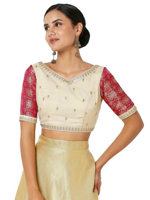 Buy Salwar Studio Women's Beige & Pink Oraganza Embroidered Readymade Saree Blouse Online at ...