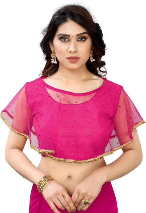 Buy Jay Pal Women Pink Self Design, Embellished Net Round Neck Blouse ...