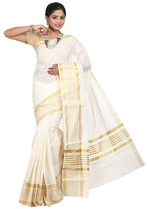 Buy Fashionkiosks Women Gold Cotton Zari Boarder Multi Line Saree With ...
