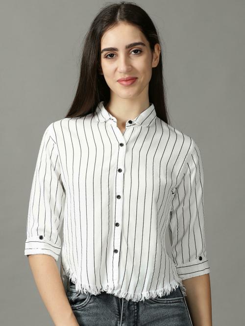 Buy SHOW OFF Women's White Striped Polyester Shirt Online at Best ...