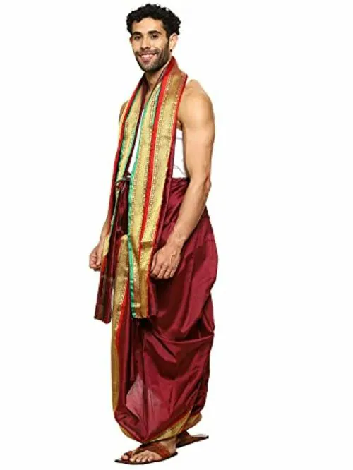 Buy Rameshwaram Fabrics Men Maroon Silk Dhoti with Angwastram Set ...