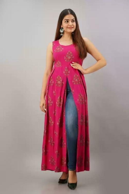 Buy UEA Women Pink Floral Crepe Front Slit Kurta (M) Online at Best ...