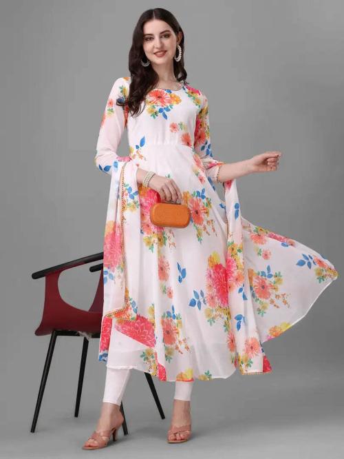 Buy Helwin Desiner Women White Printed Georgette Single Dresses And ...