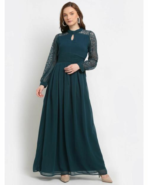 Buy La Zoire Soild Pleated Maxi Dress with Lace Online at Best Prices ...