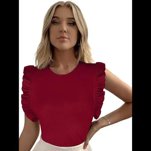 Buy TESSAVEGAS Women's Ruffle Trim Round Neck Top Online at Best Prices ...