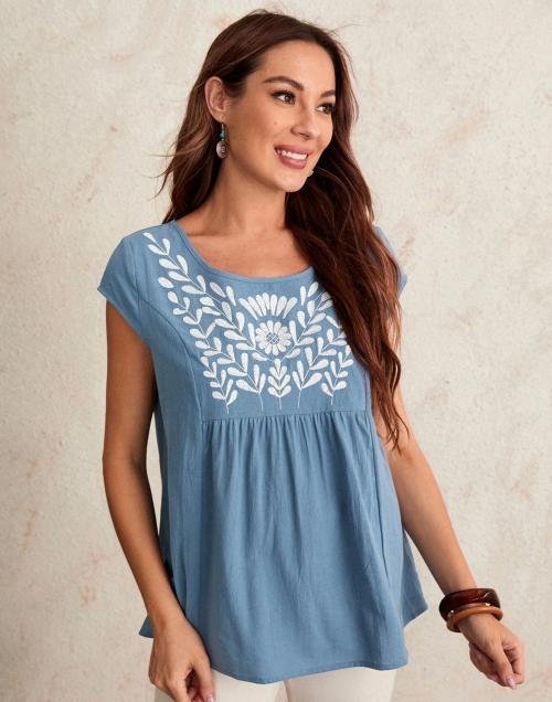 Buy SELVIA Cotton Embroidery Regular Fir Light Blue Women Top Online at ...