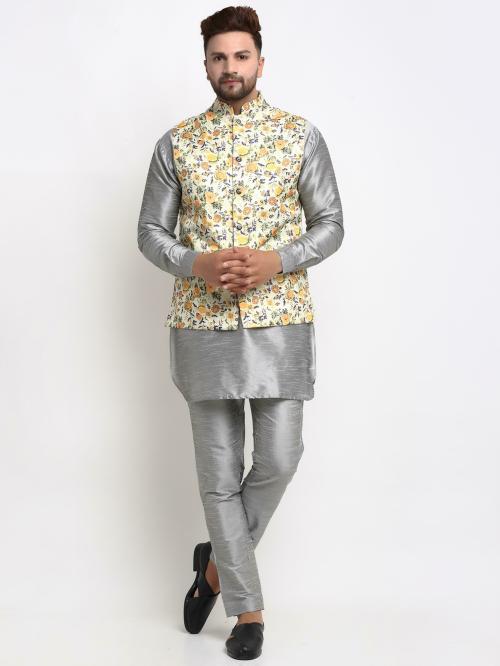 Buy Benstoke Men's Silk Blend Grey Kurta With Pyjama & Lime Green ...