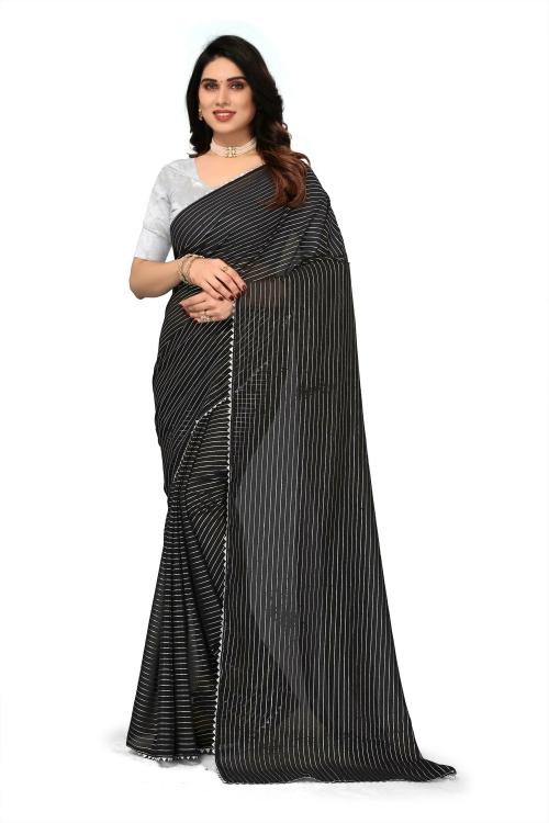 Buy Febo Fashion Women Black Striped Georgette Single Saree Online at ...