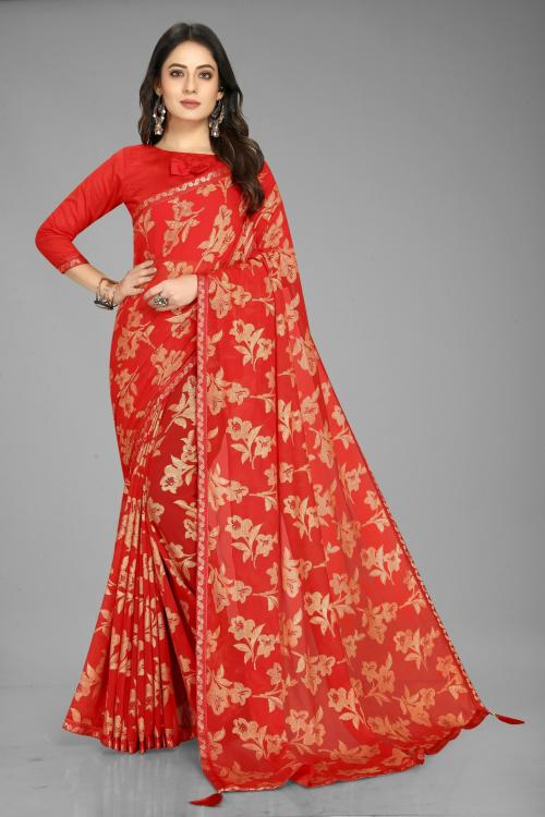 Buy SWIFFIN Exclusive Georgette Banarasi Red Saree For Women/Women ...