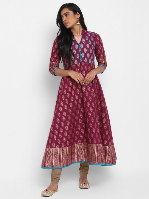 Buy CROESUS THE TRADITIONAL LOOK G Kurties Women Purple Printed Pure Cotton Anarkali Kurta ...