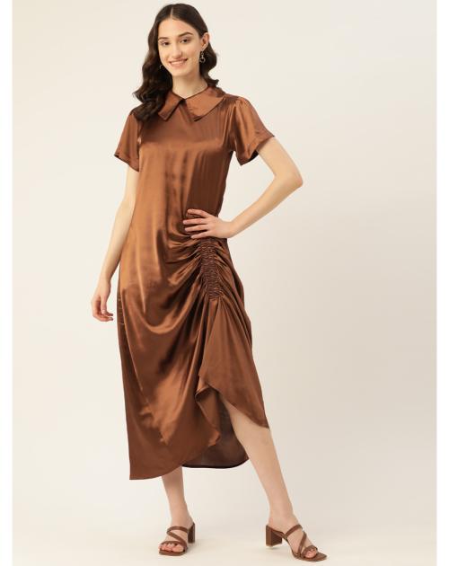 Buy Rue Collection Women Brown Solid Satin Maxi Dress Online at Best ...