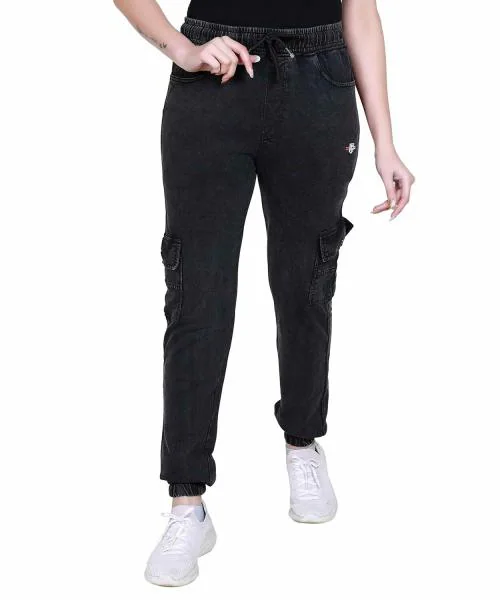 Buy Road Bumps Women Black Looper Knit Denim Cargo Jogger | Women's ...