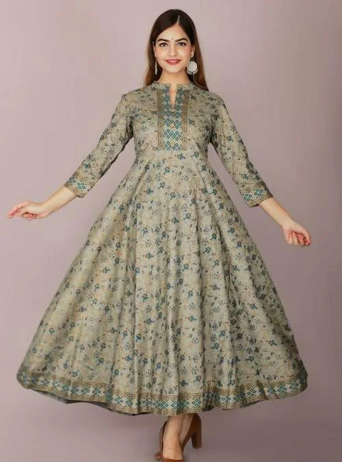 Buy Sa Rasa Women Olive Green Printed Viscose Rayon Anarkali Kurta ...