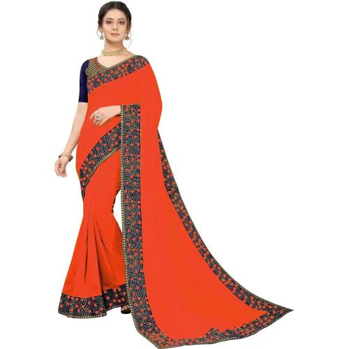 Buy SHIVGAMI Women Orange Embroidered Art Silk Bollywood Saree Online ...