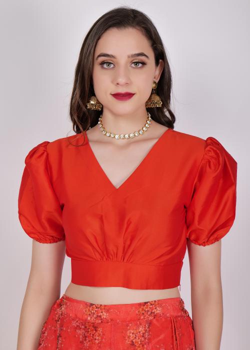 Buy FR Frolic Rolic Women's Girls Silk Puff Sleeve Solid V-Neck Crop ...