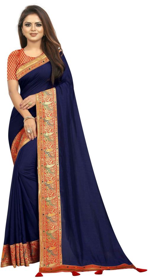 Buy Febo Fashion Women Navy Solid Art Silk Single Saree Online at Best ...