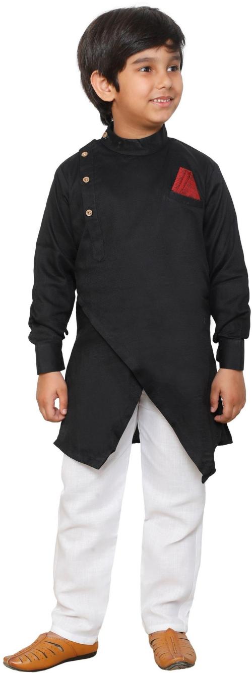 Buy Dkgf Fashion Boys Black Solid Cotton Blend Set Kurta and Pyjama Set ...