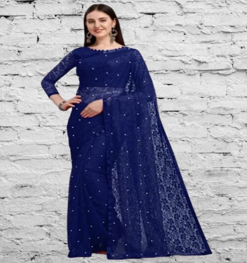Buy Vragi's Present Navy Blue Net saree with Blouse Piece Online at ...