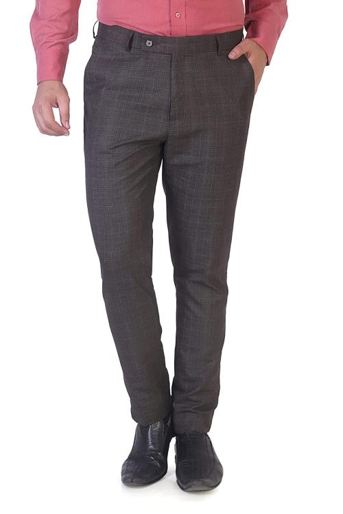 Buy FLAGS Mens Brown Checkered Viscose and Poly Formal Trouser In ...