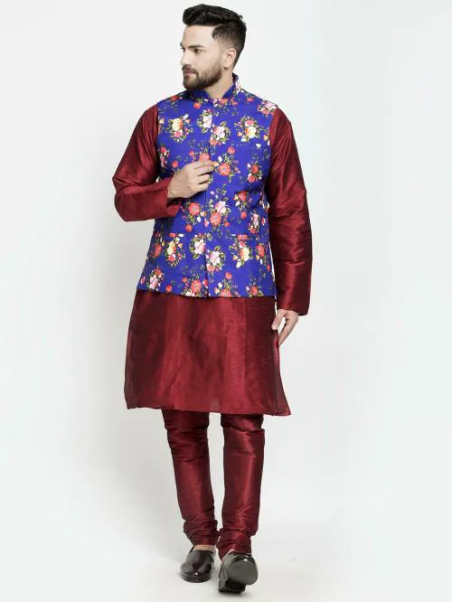 Buy Benstoke Men's Silk Blend Maroon Kurta With Pyjama & Royal Blue ...