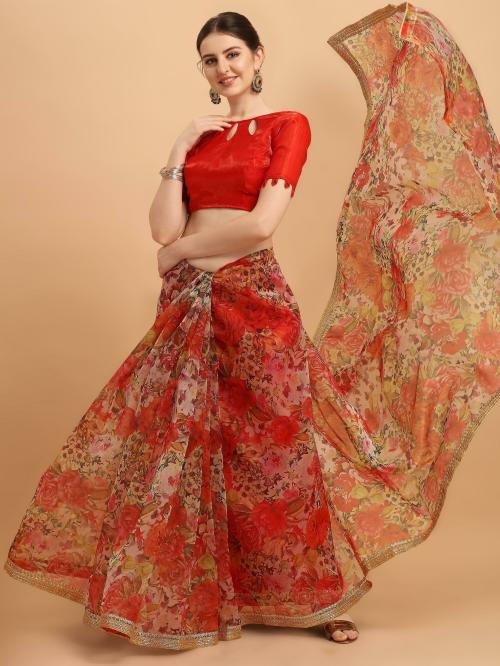 Buy Tikhi Imli Red & Multicolor Floral Printed Organza Saree Online at ...