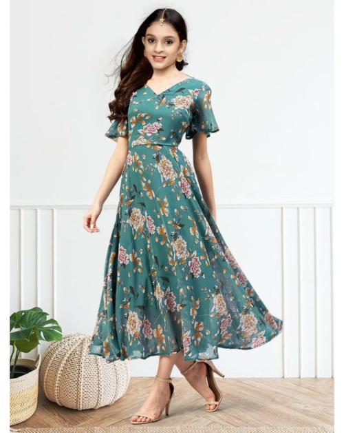 Buy Dearthank Girls Green Floral Georgette Single Dresses & Frocks ...