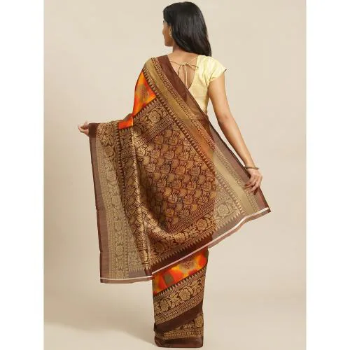 Buy Marabout Women's Beautiful Yellow And Maroon Animal Print Saree ...