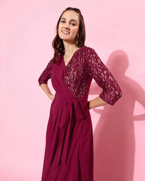 Buy Miss Chase Women Dark Pink Self Design Georgette Single Dresses ...