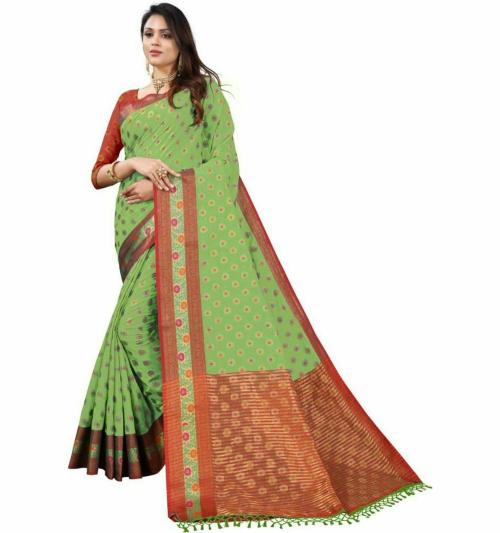 Buy JHEENU Women Green Woven Cotton Linen Kanjivaram Saree Online at ...