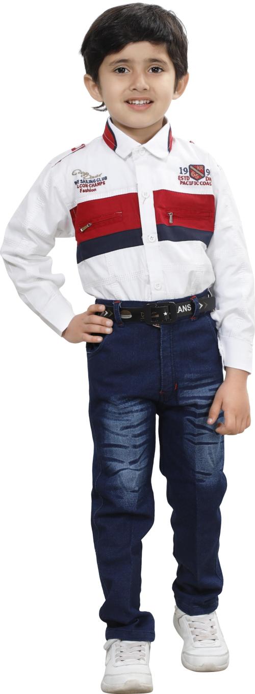 Buy Dkgf Fashion Boys Red Printed Cotton Blend Shirt Jeans Online at ...