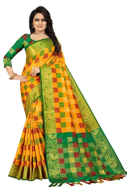 Buy Selrina Fashion Women Yellow Checkered 100% Cotton Saree Online at ...