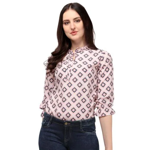 Buy MYY Women's Crepe Chevron Print Keyhole Tie Up Neck Flamingo Pink ...