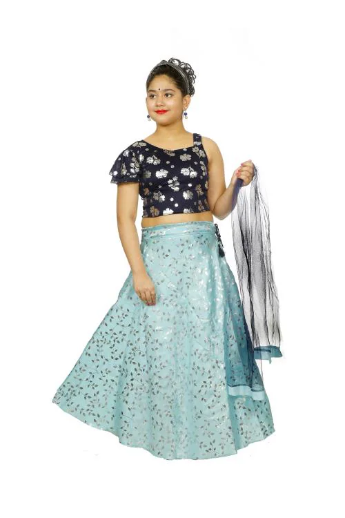 Buy YAYAVAR Girls Sky Blue Tusser Silk Blend Printed Pack of 1 Ethnic Lahenga Choli Dupatta Set ...
