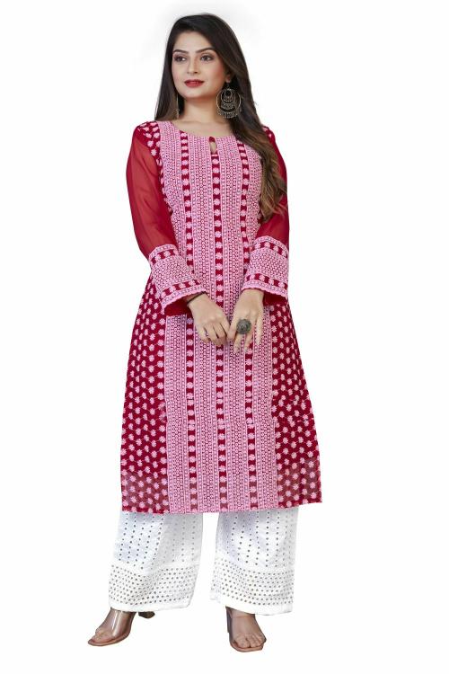 Buy Snizvi Women's Georgette Hand Embroidered Chikankari Lucknowi Kurta ...