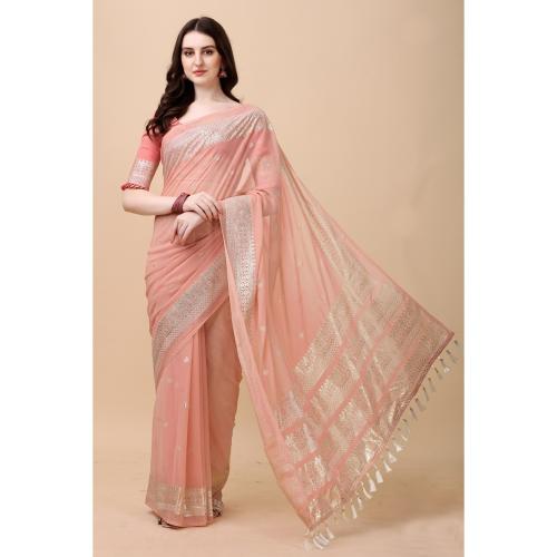 Buy Marabout Women's Beautiful Peach And Silver Tonned Pure Silk Saree ...
