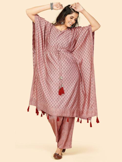 Buy Vbuyz Women'S Printed Muslin Rust Pink Stitched Kaftan Kurta With Pant Set Online at Best ...
