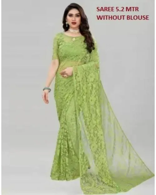 Buy Saadhvi Women's Pista Green Russal Net Printed Saree Without Blouse ...