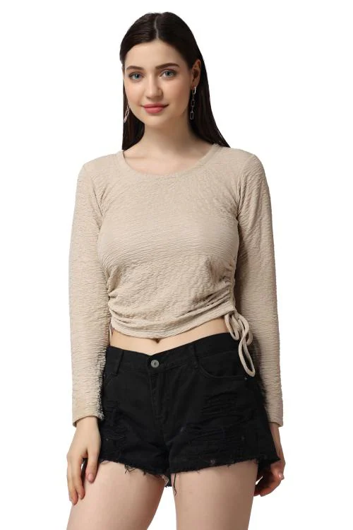 Buy Popwings Women Casual Beige Solid Self Design Crush String Full ...