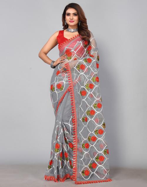 Buy Satrani Nylon Blend Grey Color Saree with Blouse piece | sarees for ...