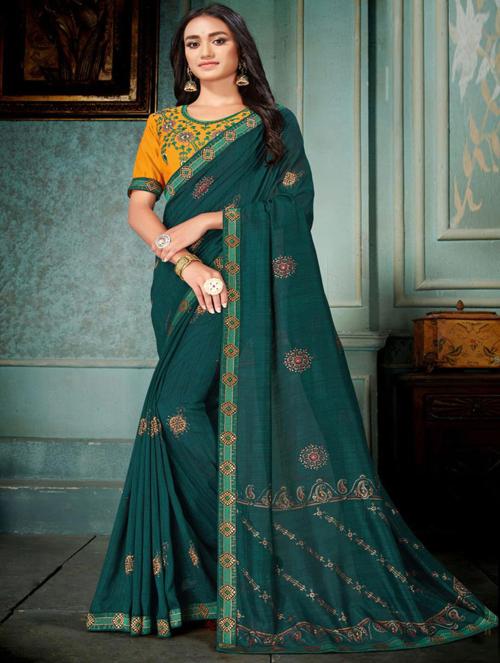 Buy DESI BUTIK Graceful Vichitra Silk Dark Green Party Wear Saree for ...
