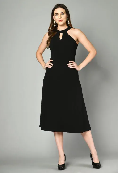 Buy IUGA Women Black Solid Fit & Flare Polyester Dress Online at Best ...