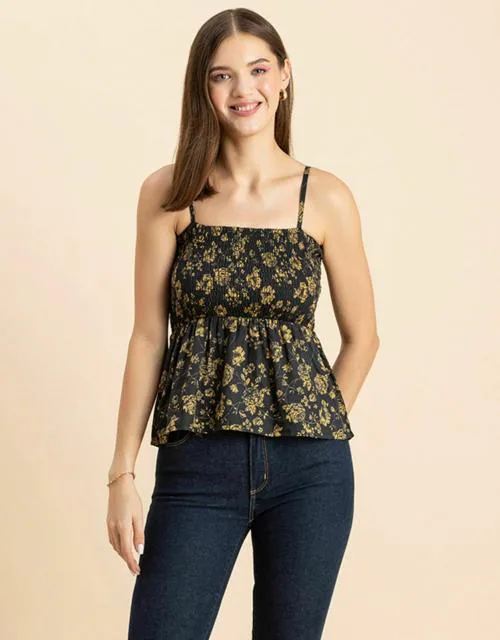 Buy Moomaya Women's Printed Shoulder Strap Top, Square Neck, Smocked ...