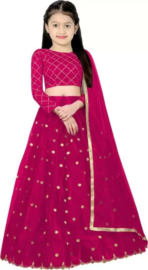 Buy Vajiba Girls Pink Embroidered Net Ghagra With Choli And Dupatta (9 ...