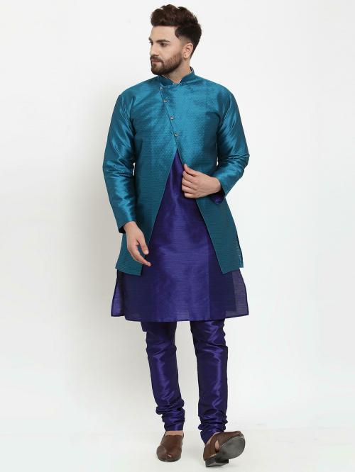 Buy Benstoke Men's Royal Blue Kurta With Pyjama & Peacock Blue Self ...