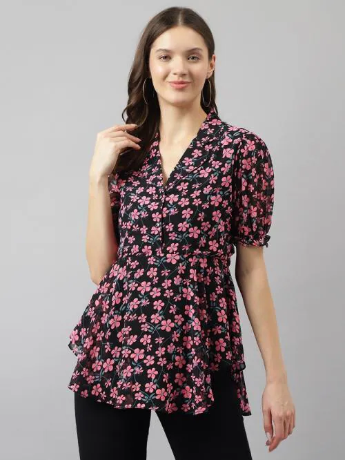 Buy KERI PERRY Women's Black & Pink Georgette Floral Flared Western Top ...