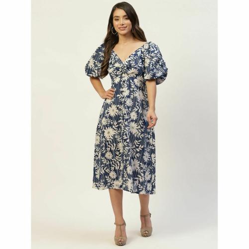 Buy Rue Collection Twist Front Floral Printed Fit & Flare Puff Sleeves ...