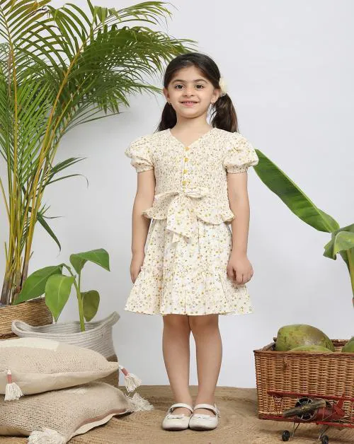 Buy Budding Bees Girls Floral Smocked Tie-Knotted Blouse-Skirt Set-Cream Online at Best Prices ...