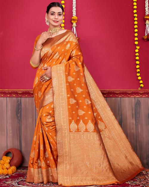 Buy Parvani Orange Silk Saree with Exquisite Golden Work_Timeless Elegance and Opulence Online ...