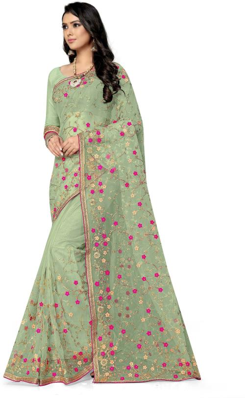 Buy Serona Fabrics Women Green Self Design Net Regular Saree Online at ...